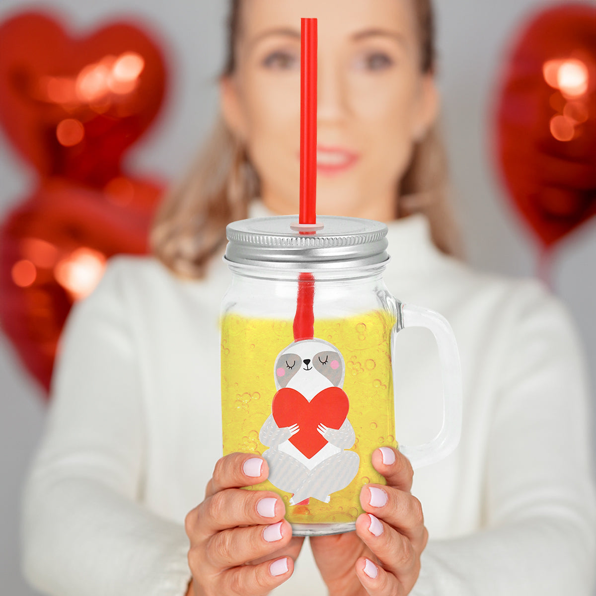 Tarro de Vidrio con Tapa y Popote, Corazón Rojo – Waldo's