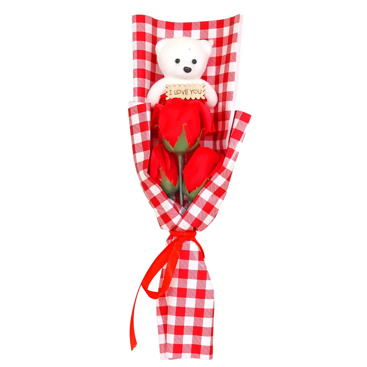 Ramo de Rosas Artificial con Osito, Color Rojo – Waldo's